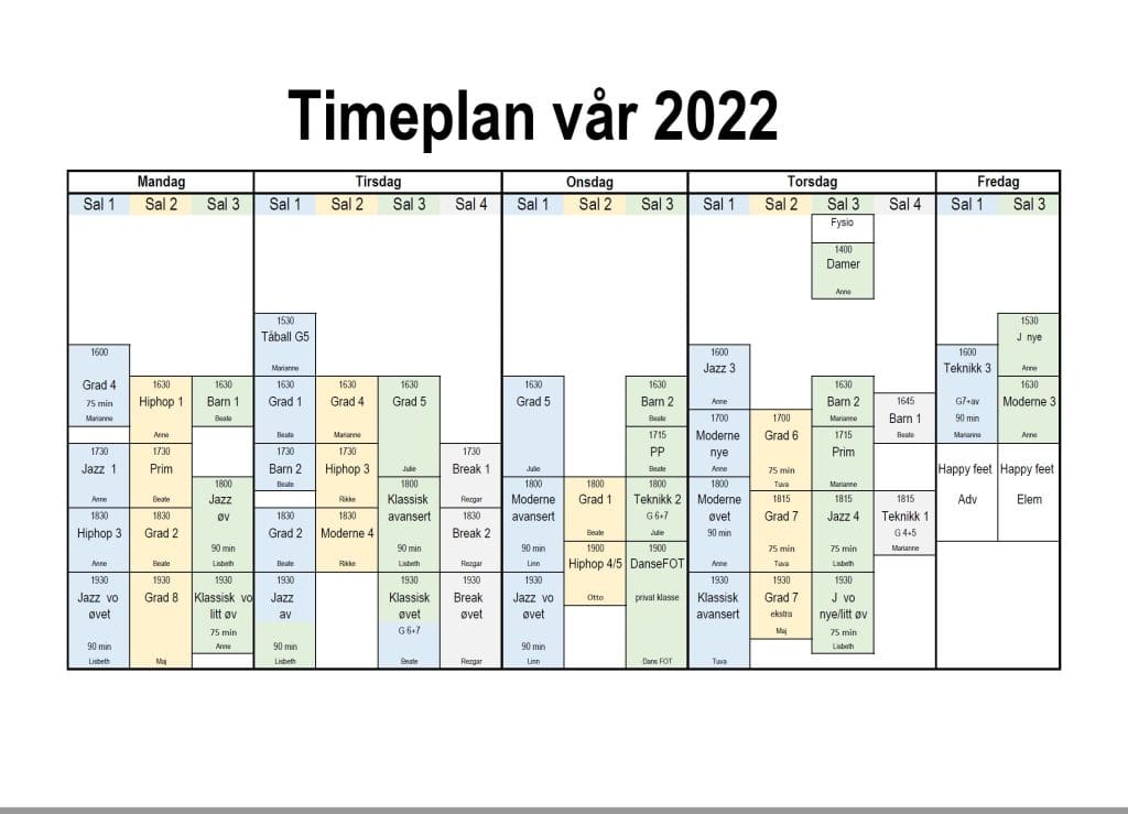Timeplan vår 2022 - Kirsti Skulleruds Ballett- og Dansestudio