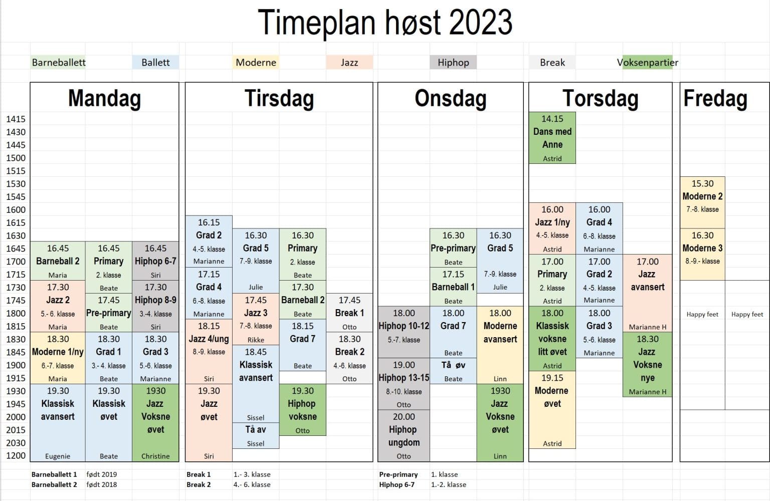 Timeplan høst 2023 - Kirsti Skulleruds Ballett- og Dansestudio