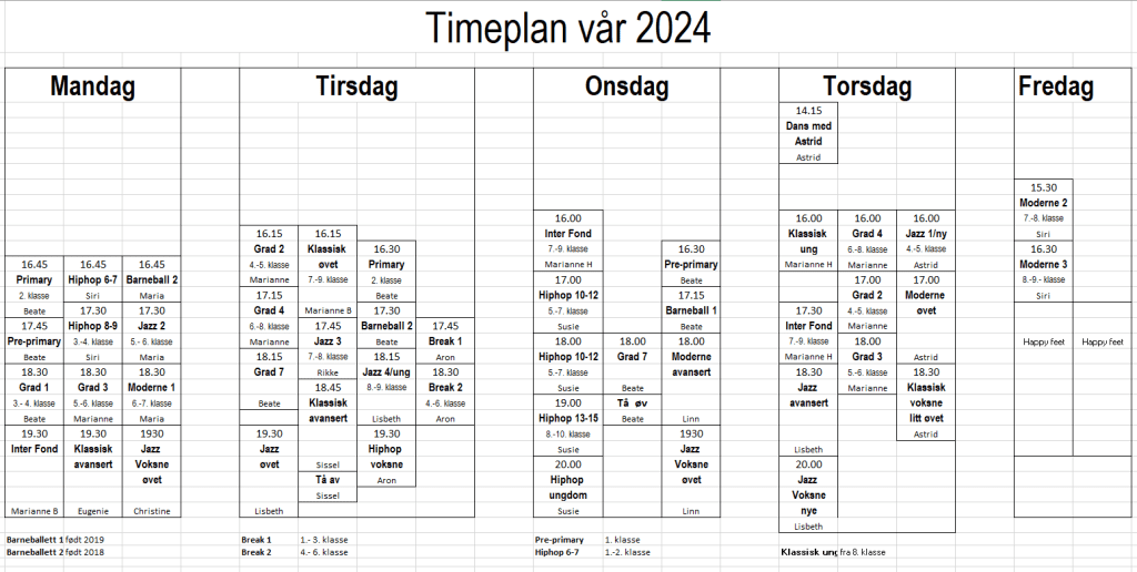 Timeplan vår 2024 - Kirsti Skulleruds Ballett- og Dansestudio